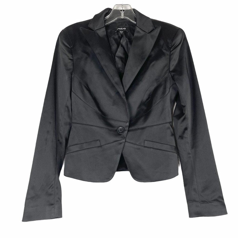 Bebe Black Satin Fitted Blazer Logo Lining Size 2 - Gem
